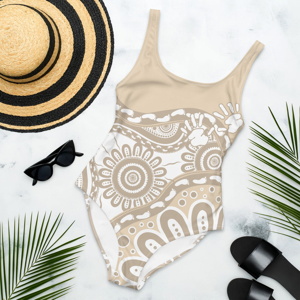 Aboriginal Clothing - Gathering and Pathways Brown One-Piece Swimsuit ...